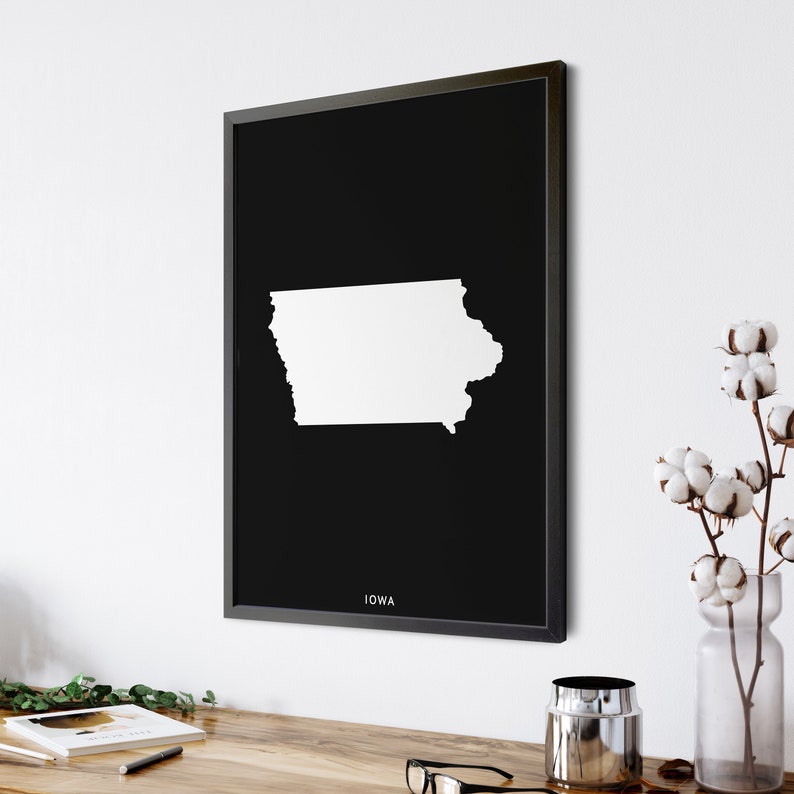 Iowa Map, Black and White, Inverted, Minimalist, Map of Iowa, Iowa ...