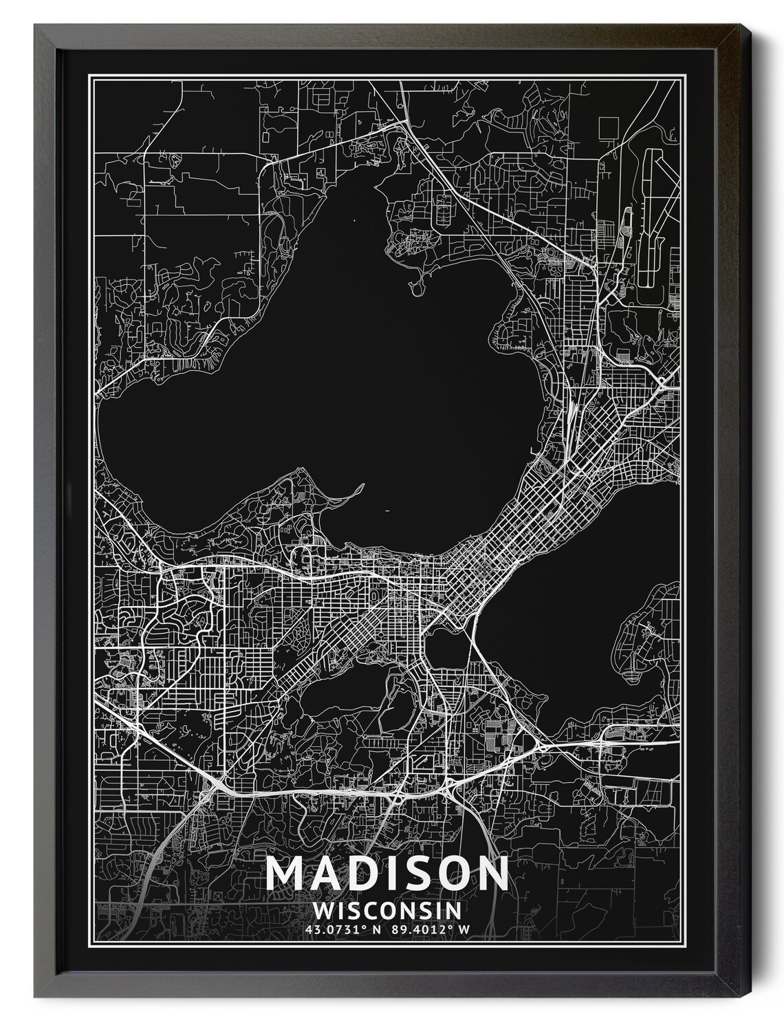 Madison Wisconsin Map Black and White Inverted Coordinates - Etsy