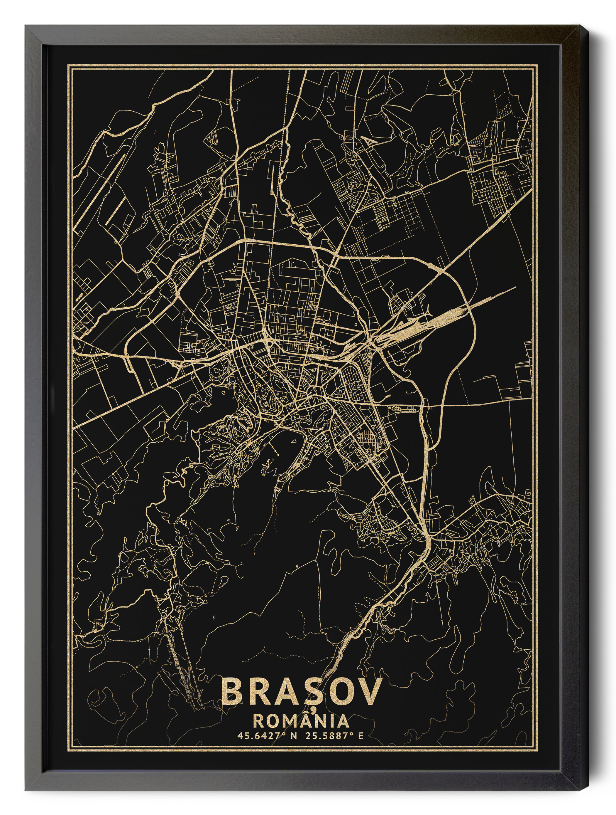 Brasov Romania Map, Black, High Resolution Real Gold Leaf Texture ...