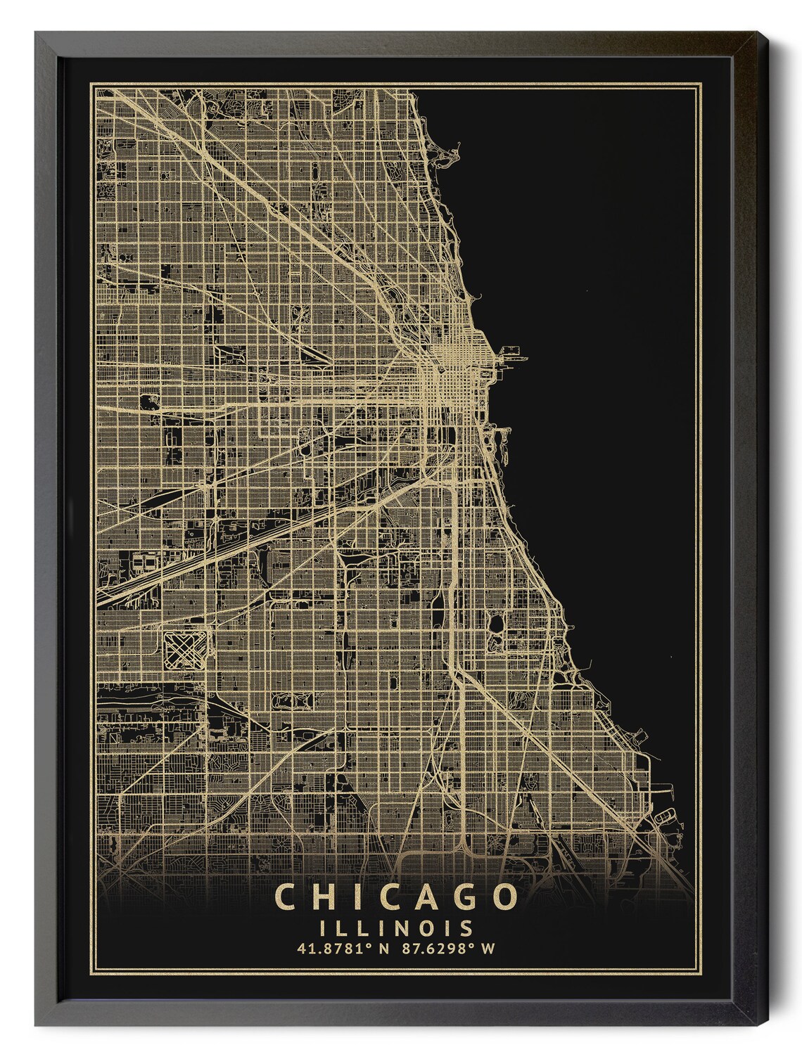 Chicago Map Black Gold High Resolution Real Gold Leaf | Etsy