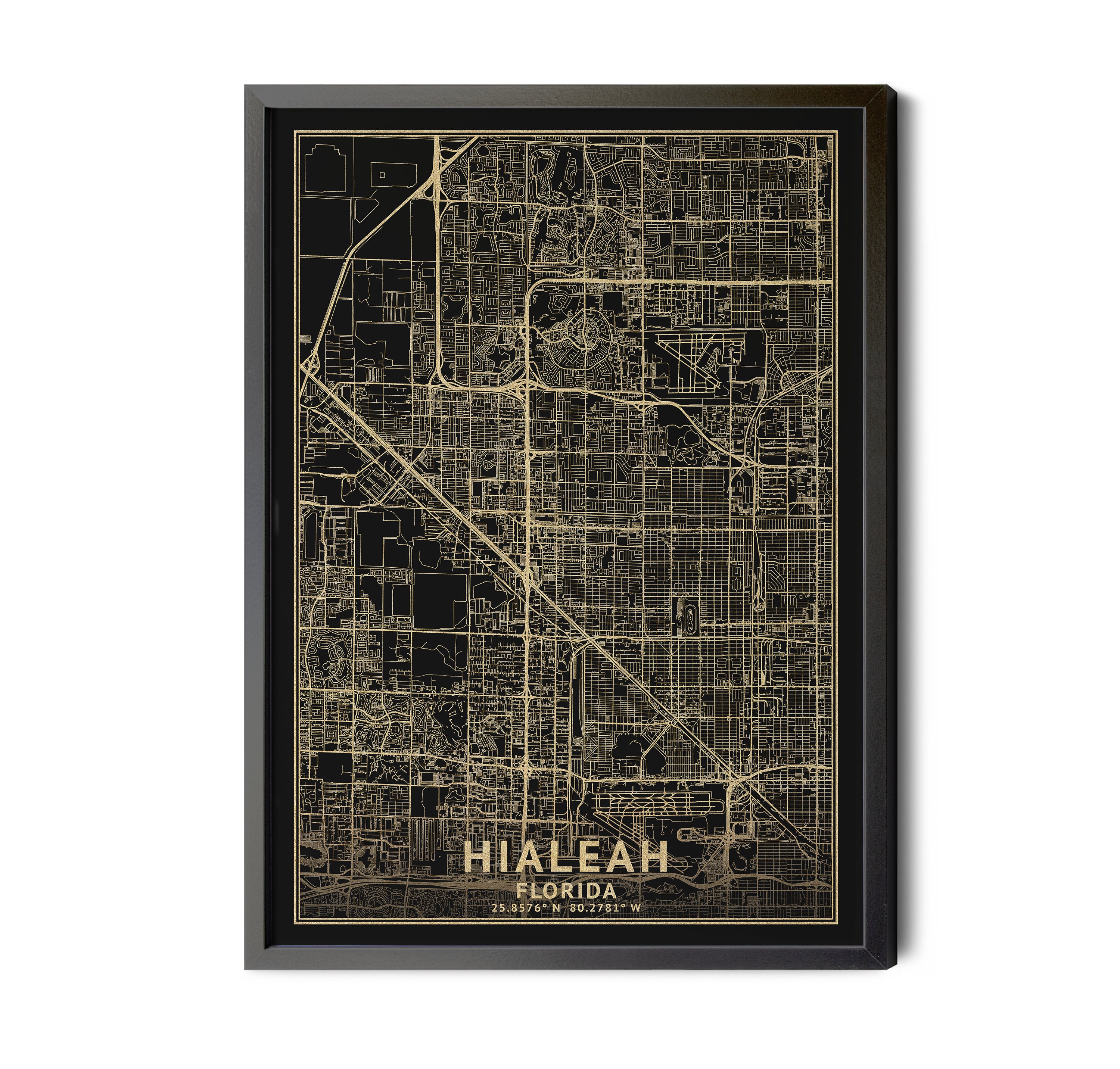 Hialeah Florida Map, Black, High Resolution Real Gold Leaf Texture ...