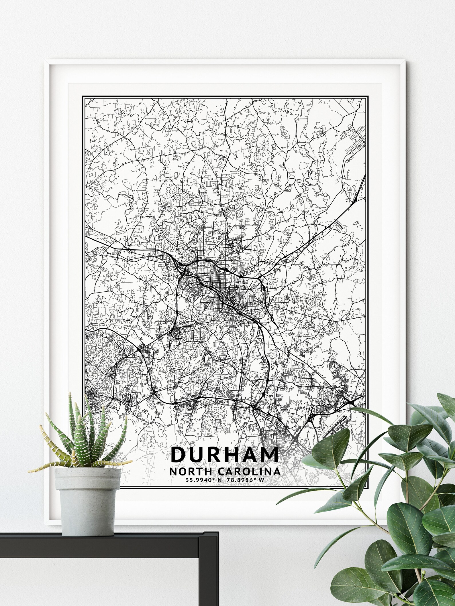 Durham North Carolina Map, Black and White, Coordinates, Map of Durham ...
