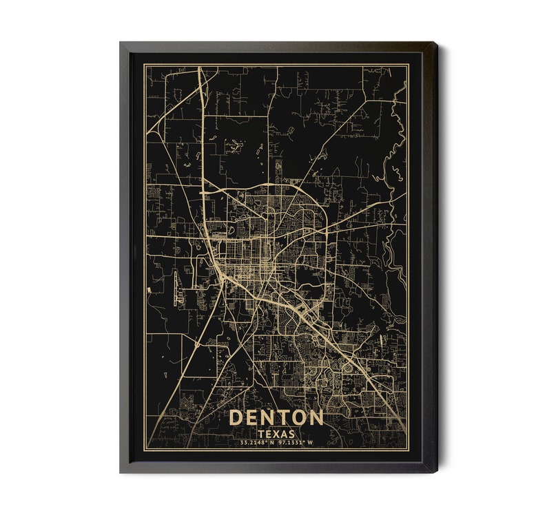 Denton Texas Map, Black, High Resolution Real Gold Leaf Texture ...