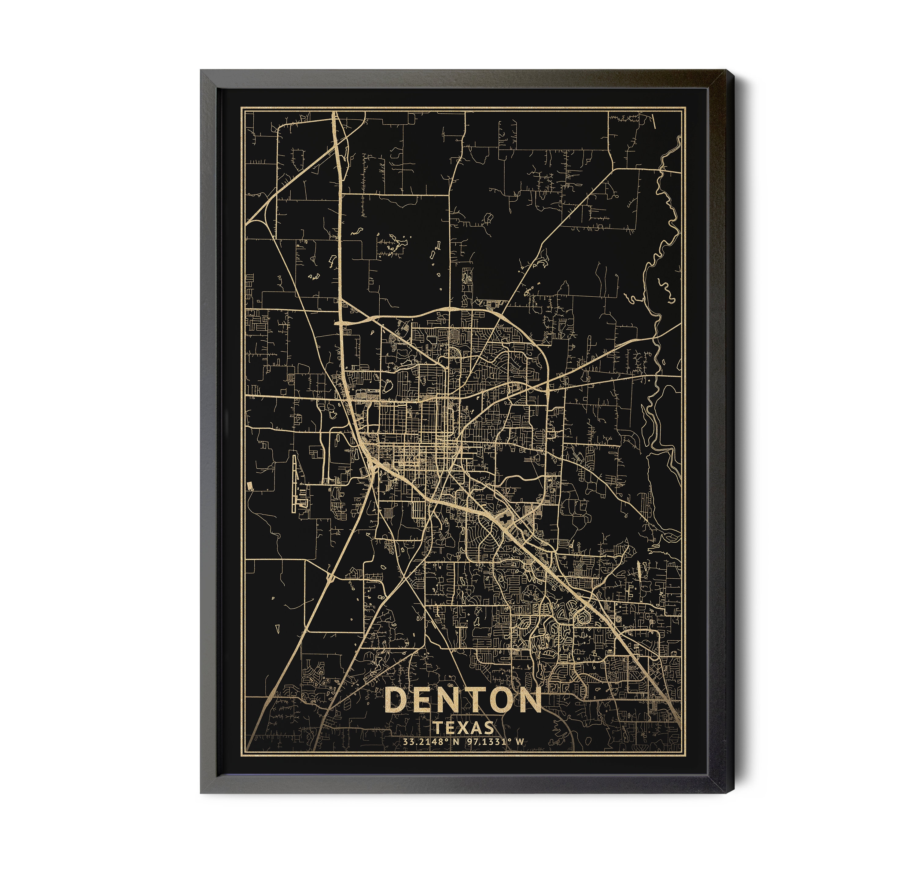 Denton Texas Map, Black, High Resolution Real Gold Leaf Texture ...