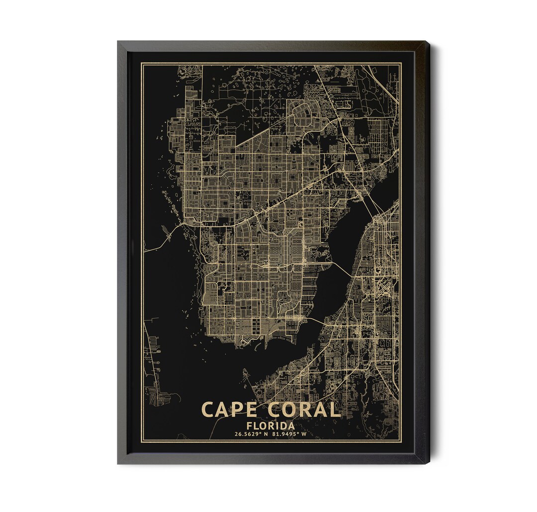 Cape Coral Florida Map, Black, High Resolution Real Gold Leaf Texture ...