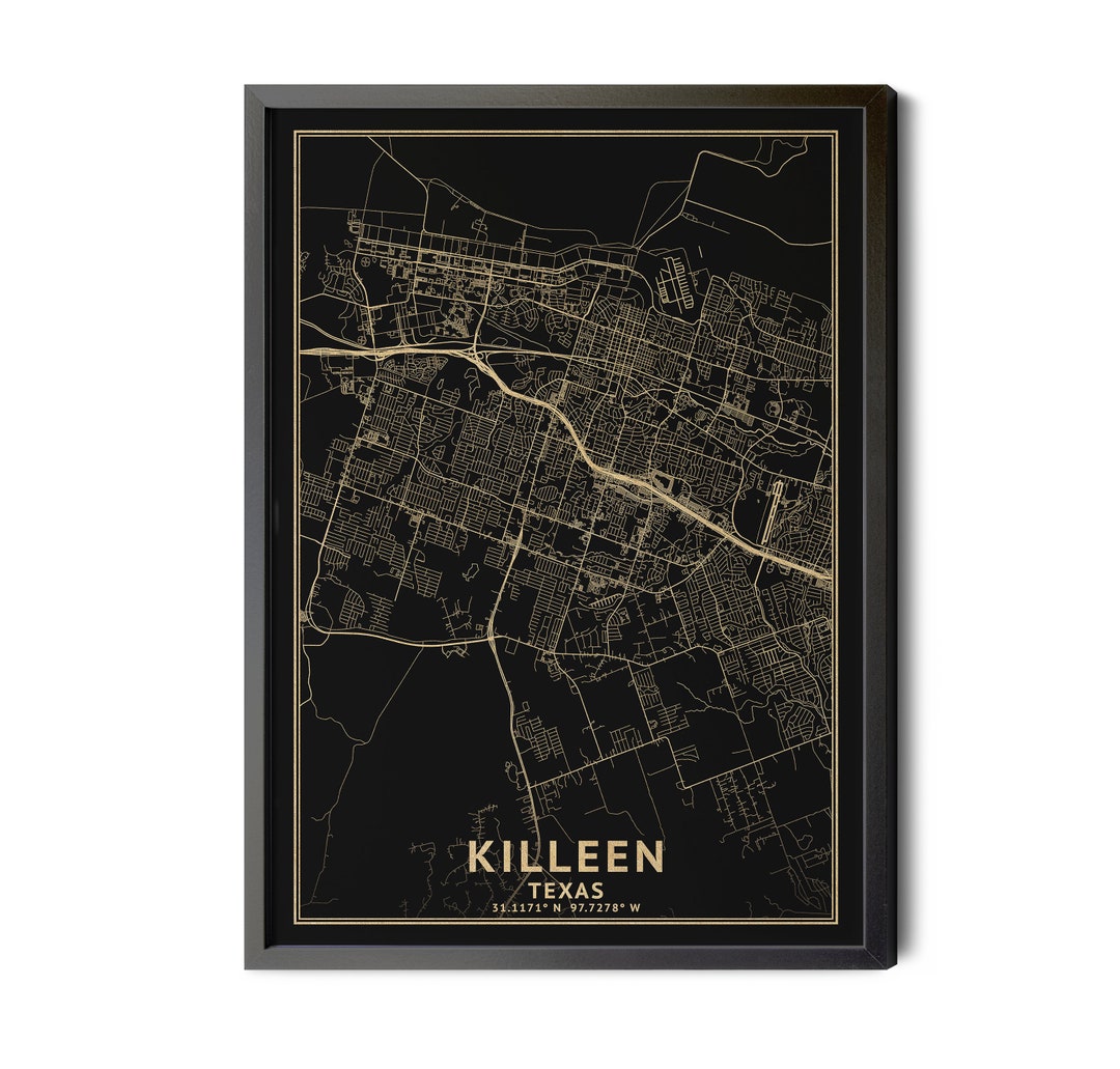 Killeen Texas Map, Black, High Resolution Real Gold Leaf Texture ...