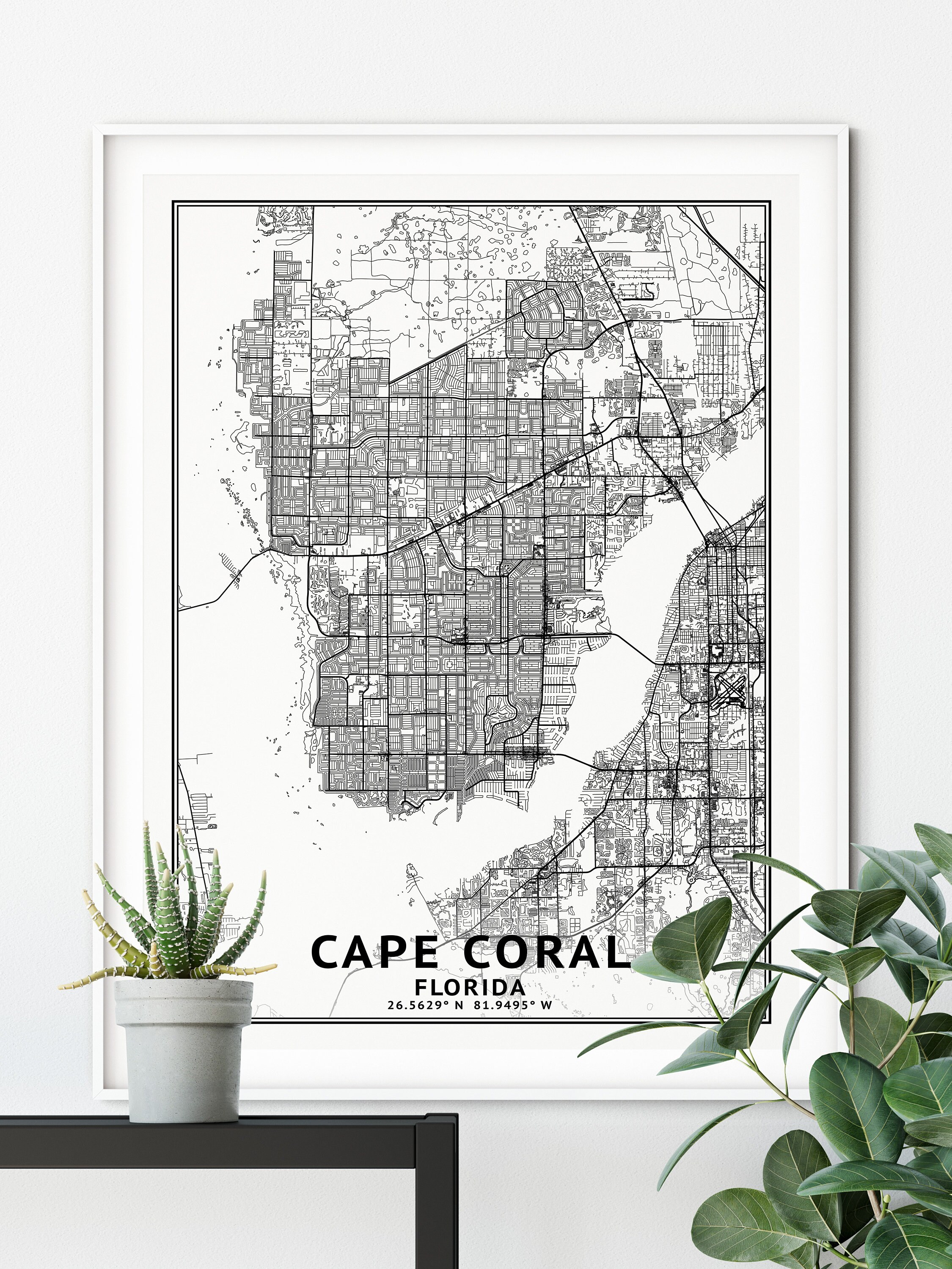 Cape Coral Florida Map, Black and White, Coordinates, Map of Cape Coral ...