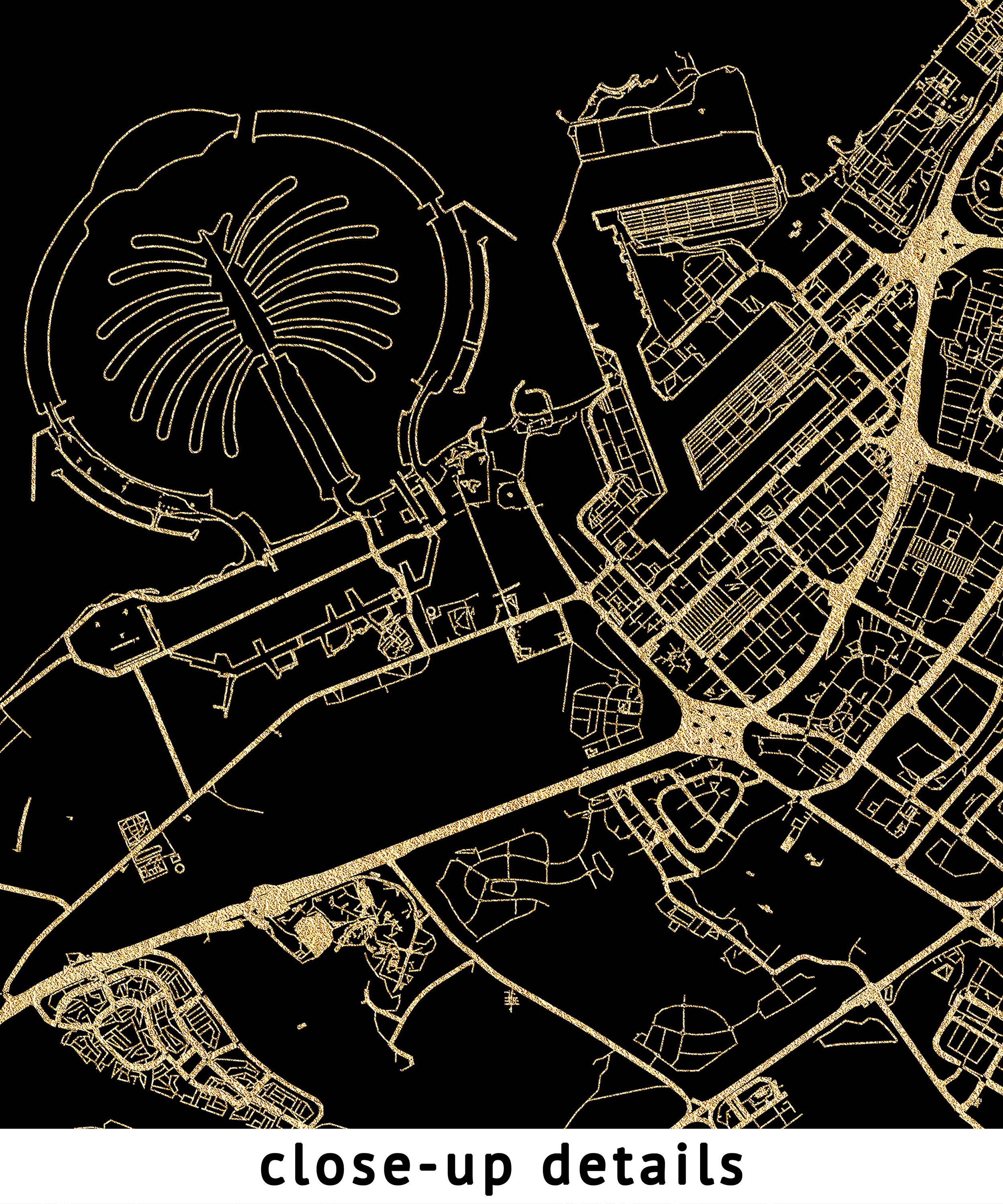 Dubai United Arab Emirates Map, Black, High Resolution Real Gold Leaf ...