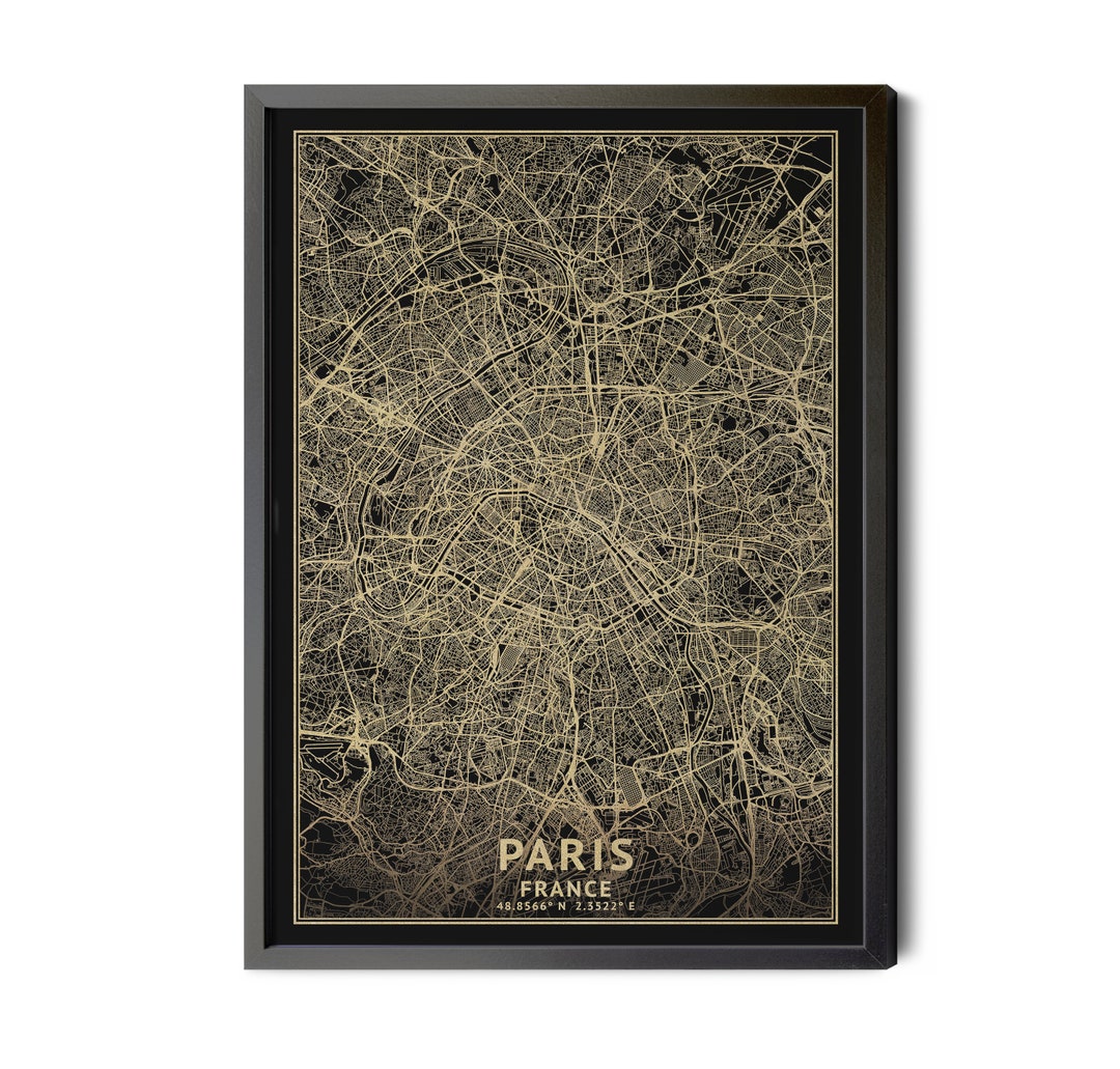 Paris France Map, Black, High Resolution Real Gold Leaf Texture ...