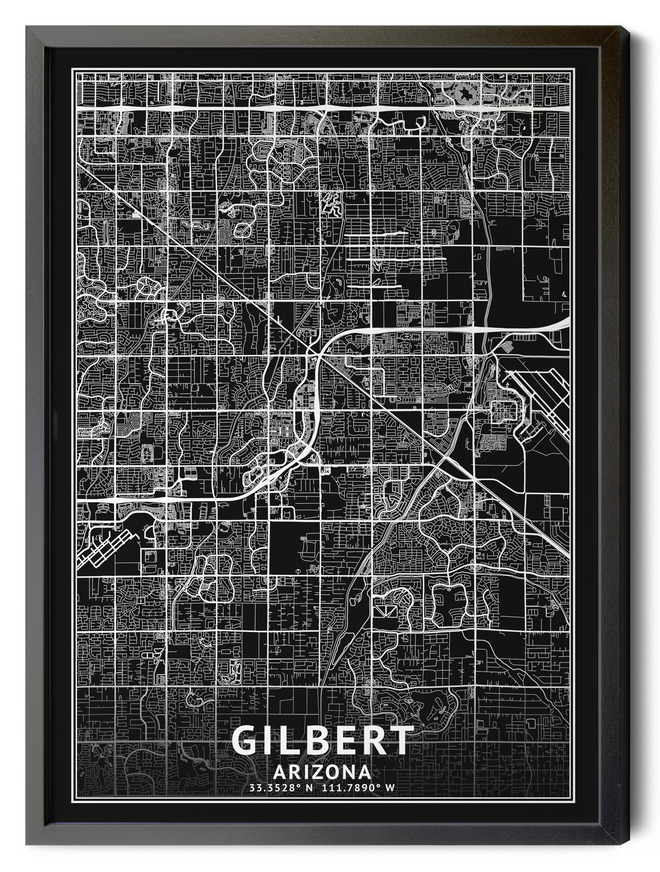 Gilbert Arizona Map, Black and White, Inverted, Coordinates, Map of ...
