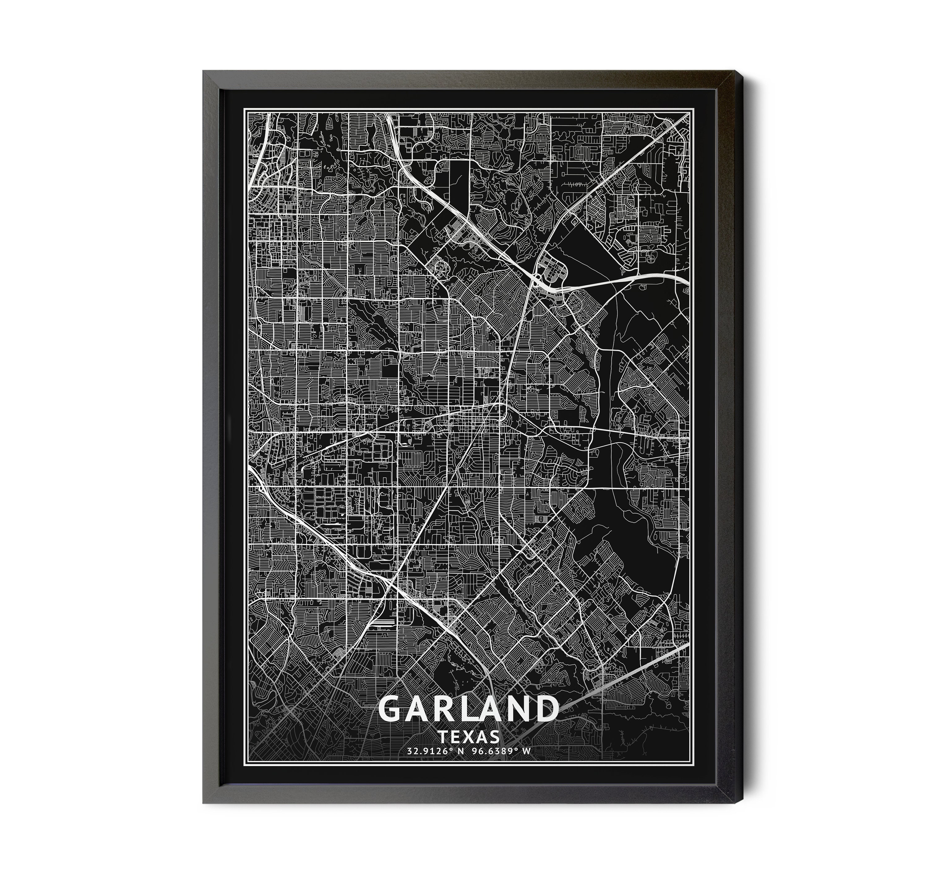 Garland Texas Map, Black and White, Inverted, Coordinates, Map of ...