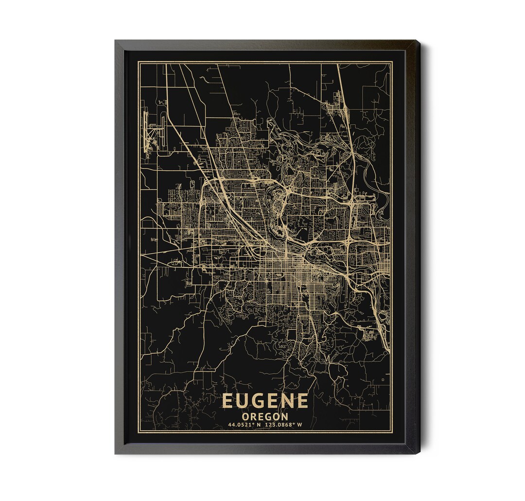 Eugene Oregon Map, Black, High Resolution Real Gold Leaf Texture ...