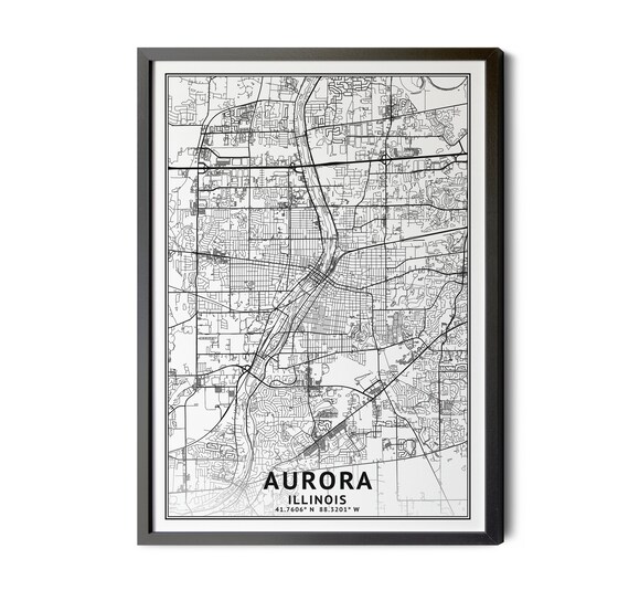 Aurora Illinois Map Black and White Coordinates Map of | Etsy