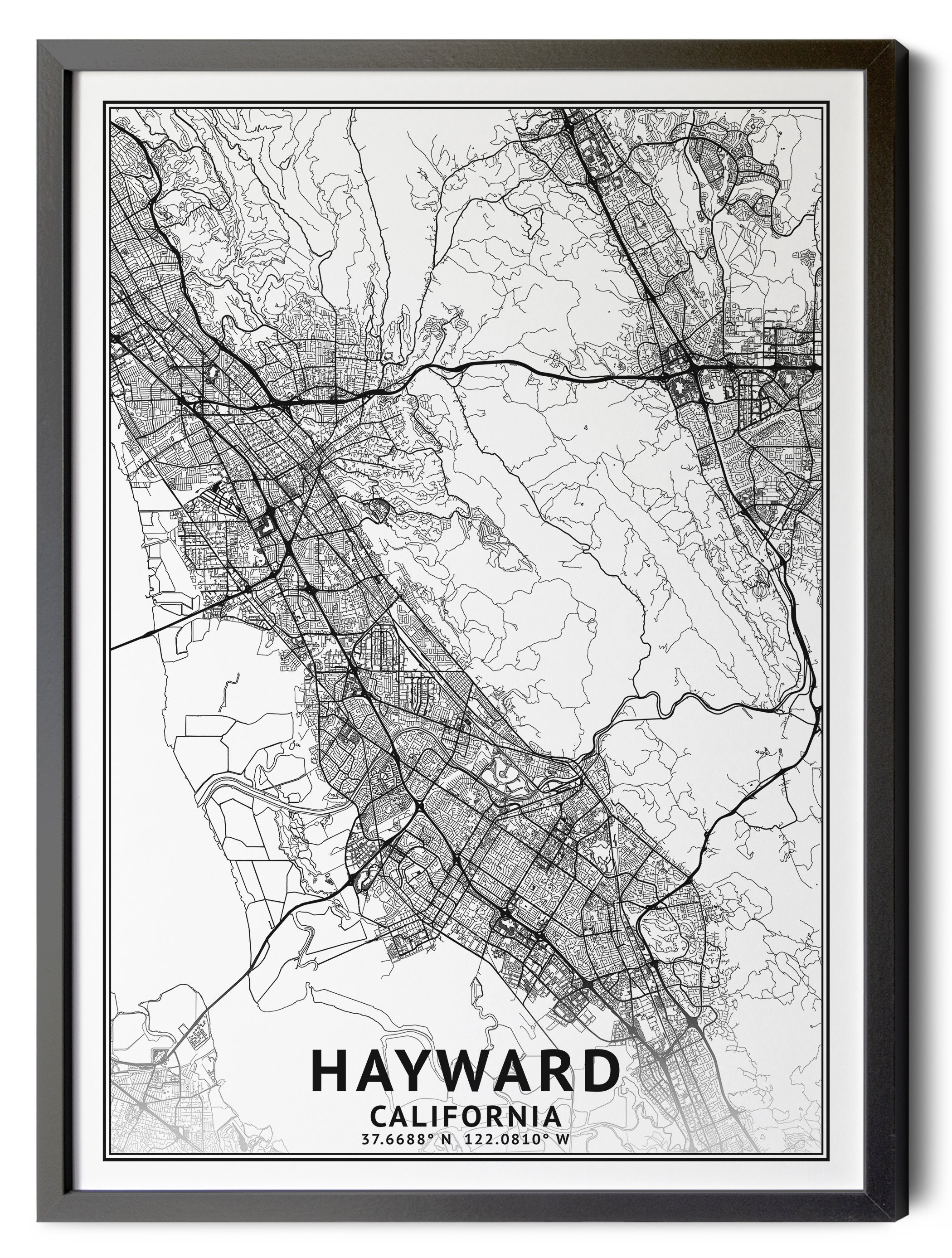 Hayward California Map, Black and White, Coordinates, Map of Hayward ...