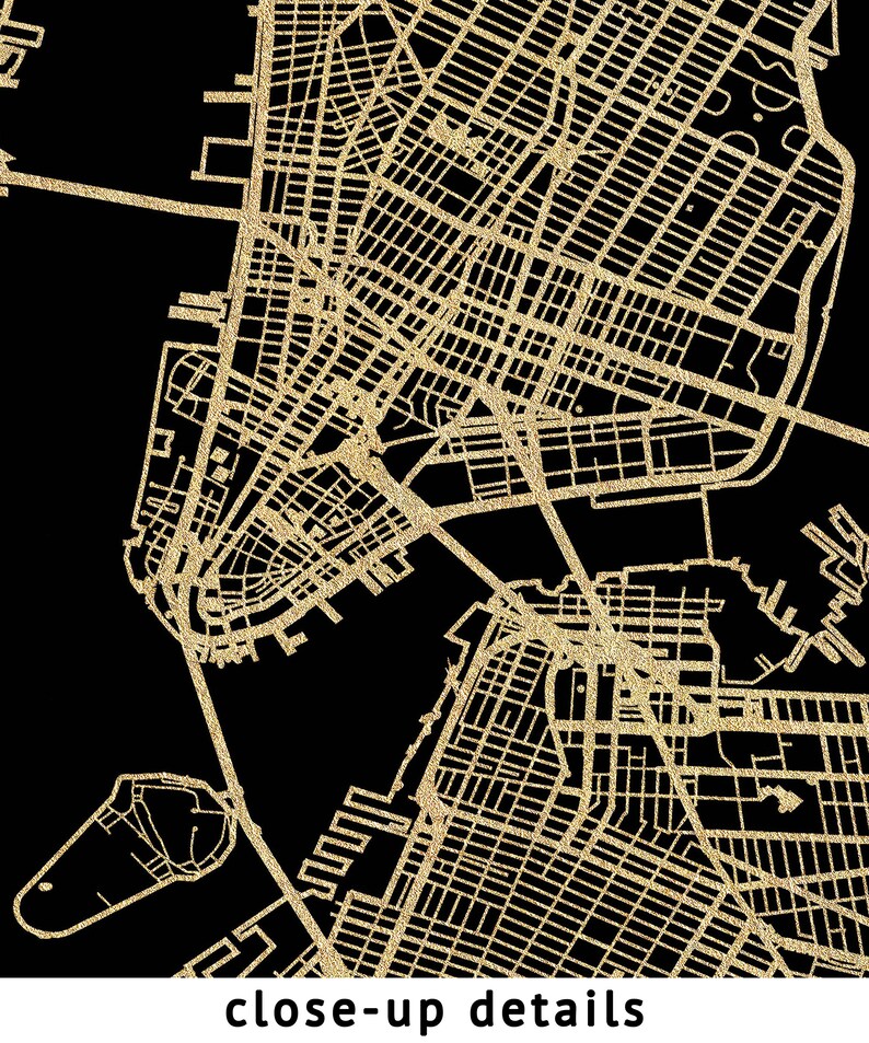 New York City Map, Black, High Resolution Real Gold Leaf Texture ...