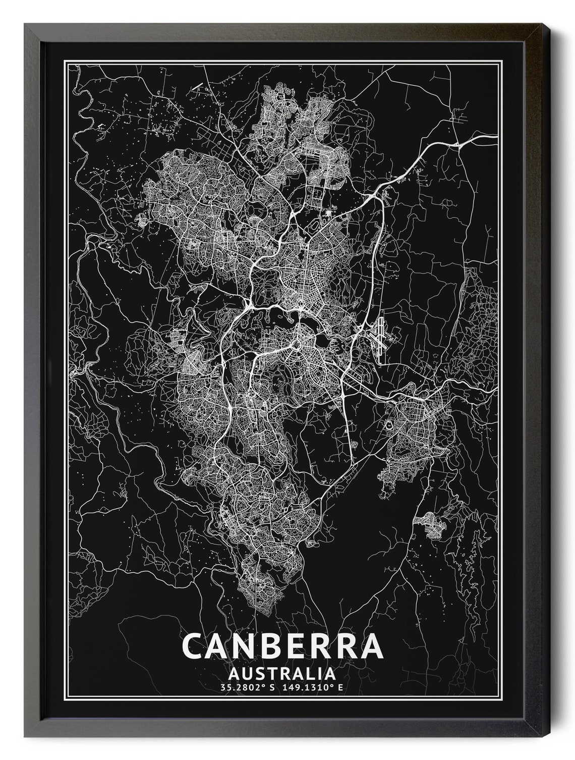Canberra Australia Map Black and White Inverted - Etsy