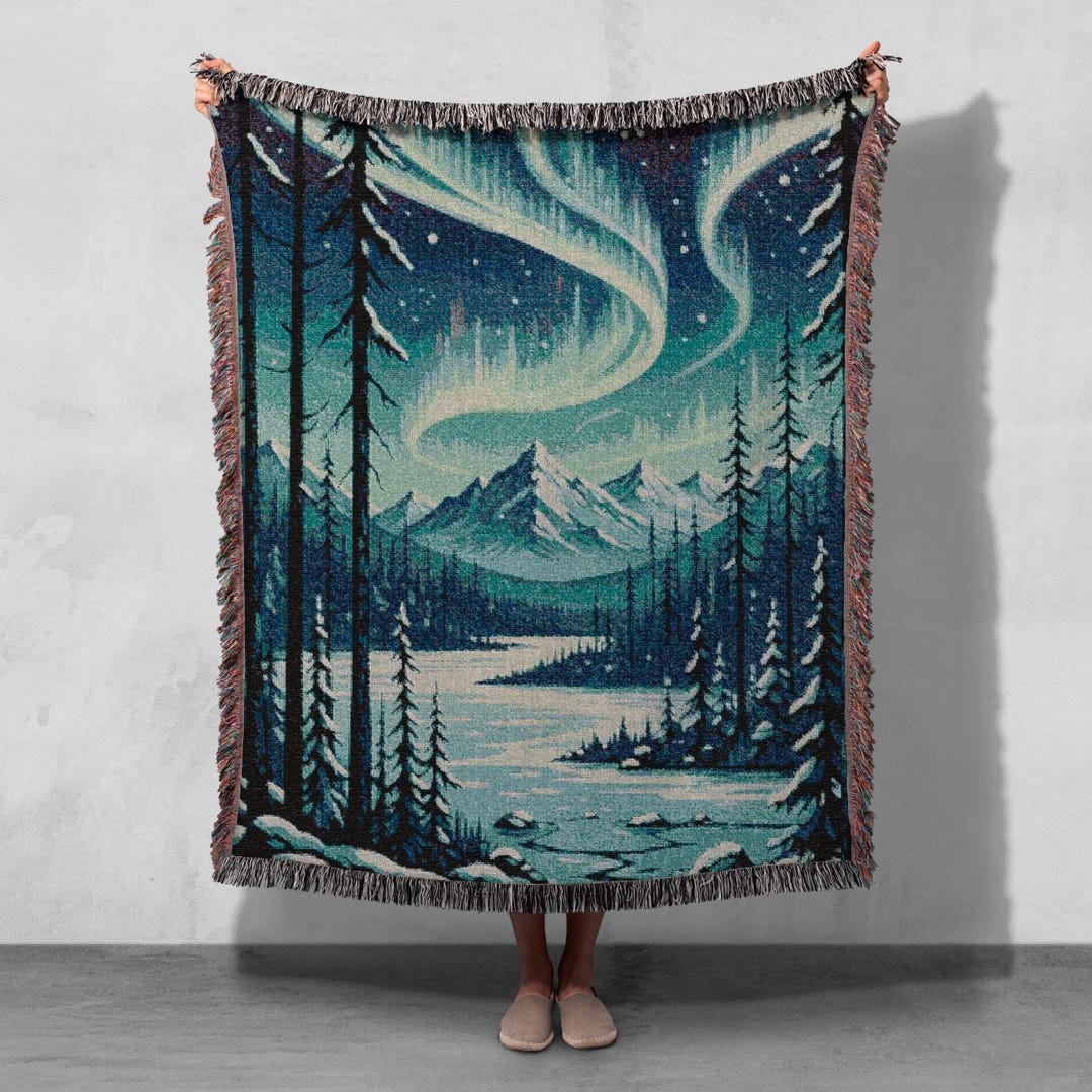 Northern Lights Woven Blanket, Enchanted Night Sky Cotton Throw, Aurora ...