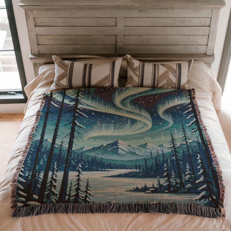 Northern Lights Woven Blanket, Enchanted Night Sky Cotton Throw, Aurora ...