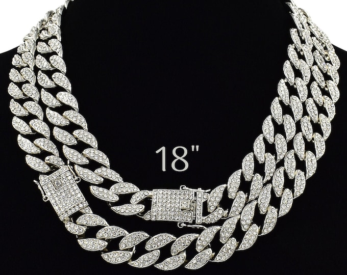 Iced Out Diamond CZ Miami Cuban Link Chain, 15mm Cuban Link Choker, Hip ...
