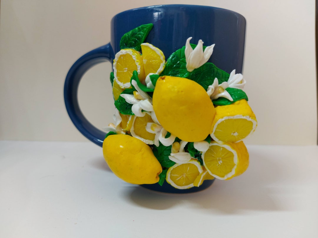 Lemon Decorated Cup: Handmade Polymer Clay Citrus Drinkware. Glass With ...