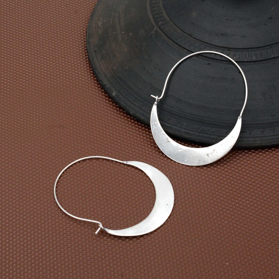 Silver Plated Half Moon Statement Hoop Earrings, Handmade Elegant Boho ...