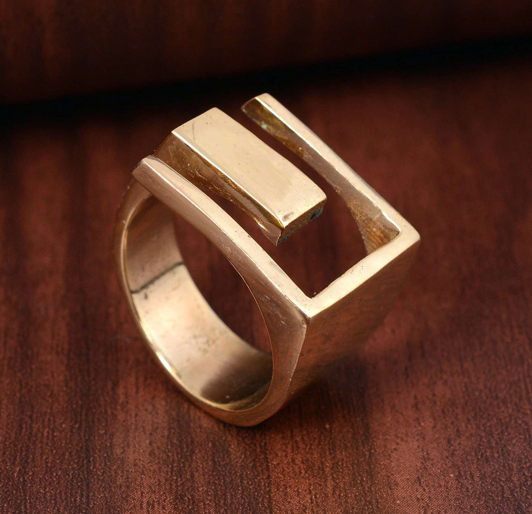Antique Brass Geometric Ring, Big Statement Abstract Modern Ring, Boho ...