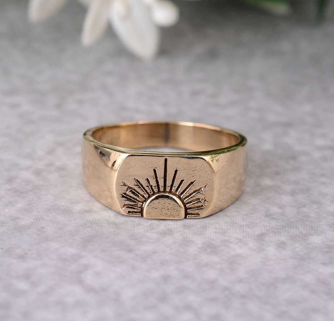 Gold Sun Signet Ring, Sunburst Ring, Brass Half Sun Ring, Stacking Ring ...