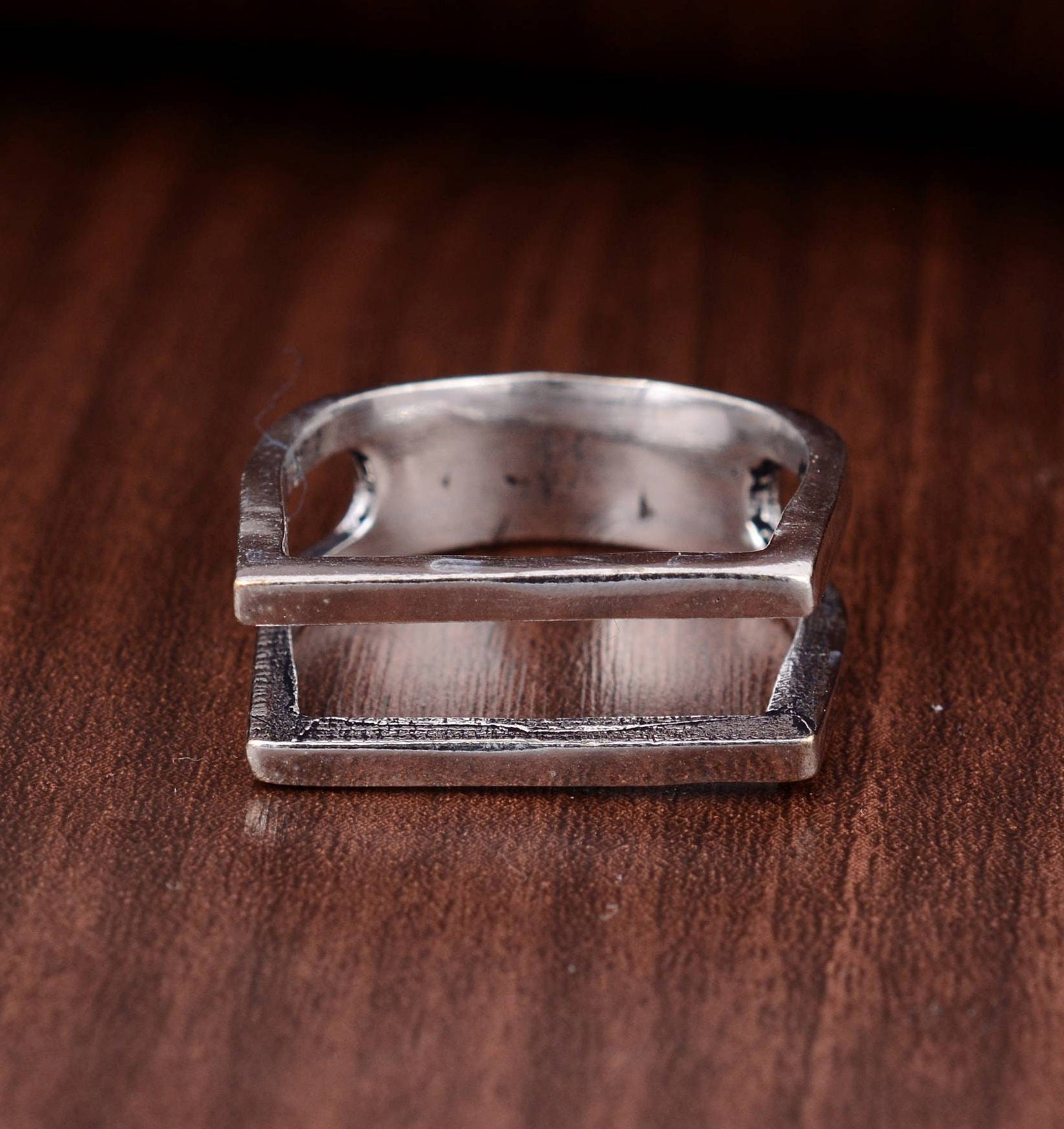 Handmade Sterling Silver Plated Square Double Bar Statement Ring - Etsy