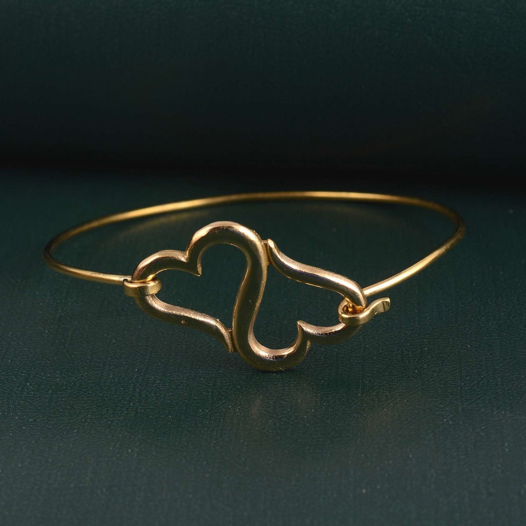 Gold Heart Bangle, Brass Bangle With Heart Charm, Double Heart Bangle ...
