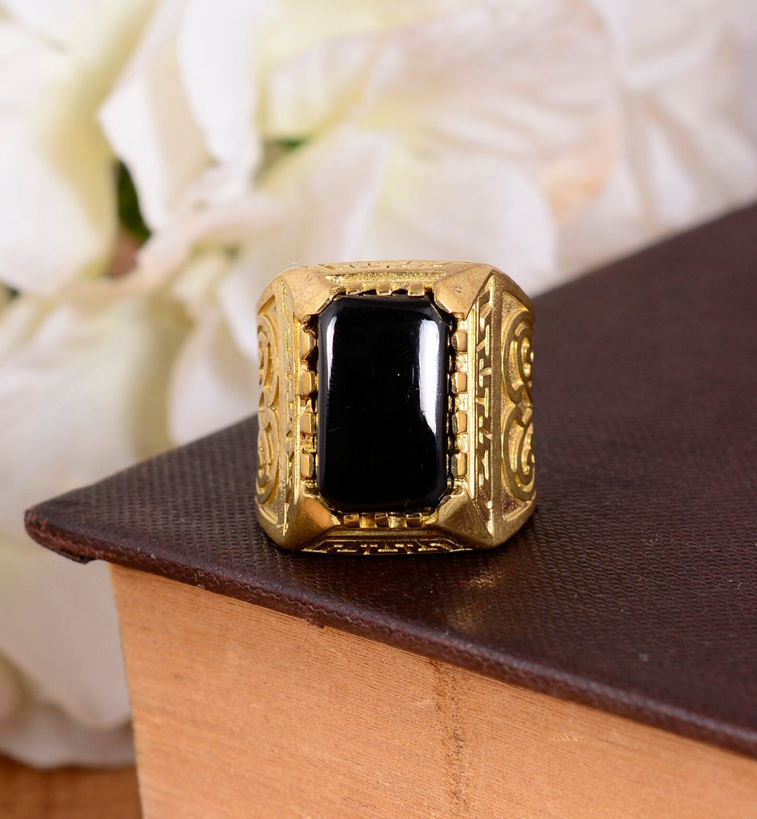 Black Onyx Brass Ring, Wide Ring, Solid Brass Ring, Emerald Shape ...