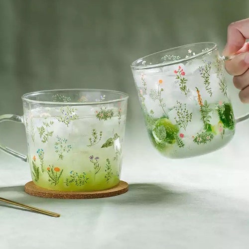 Retro Flower Cute Coffee Mug Clear Boho Glass 18 Oz Coffee Etsy