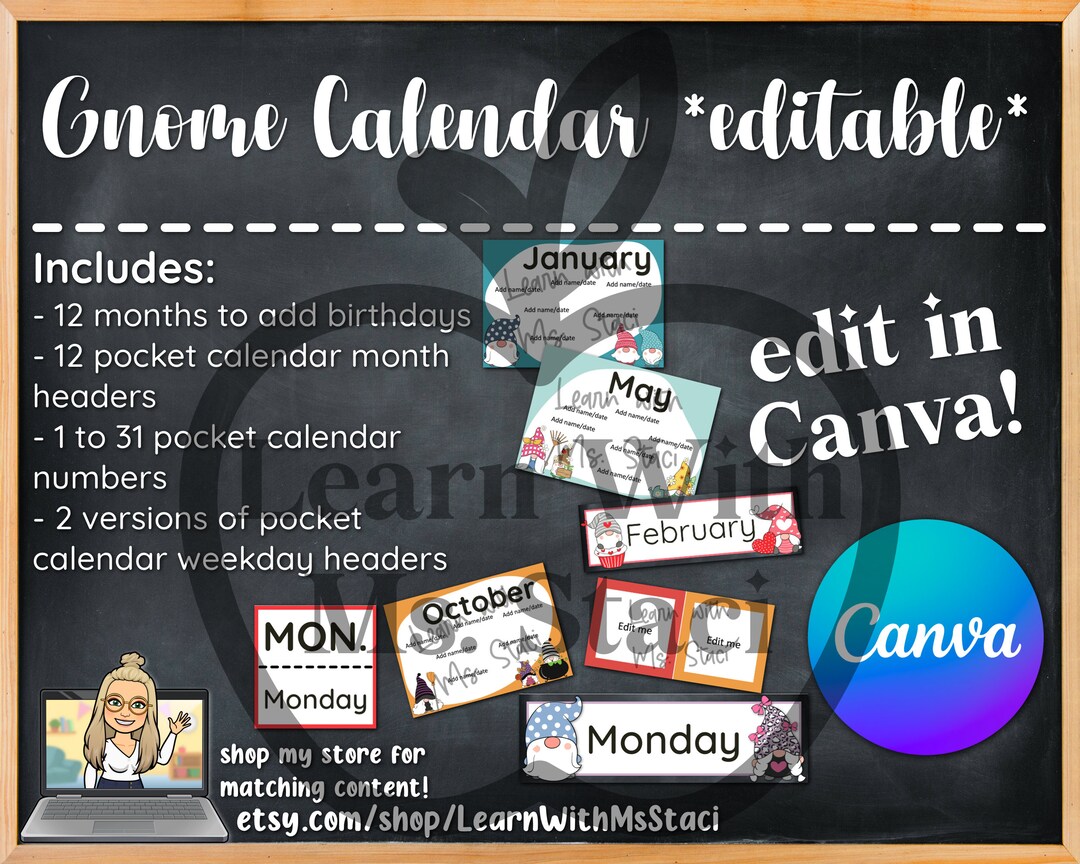 Gnome Calendar *editable in Canva* - Etsy