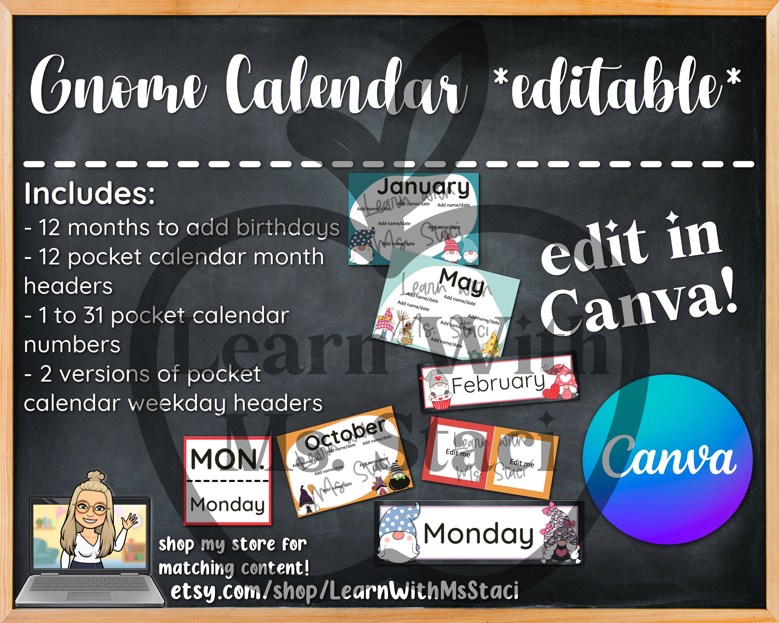 Gnome Calendar *editable in Canva* - Etsy