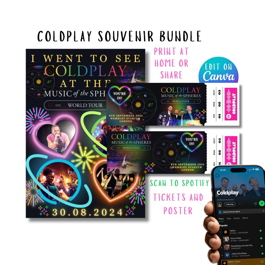 Coldplay Tour Ticket & Digital Art Print Bundle Personalize Souvenir ...