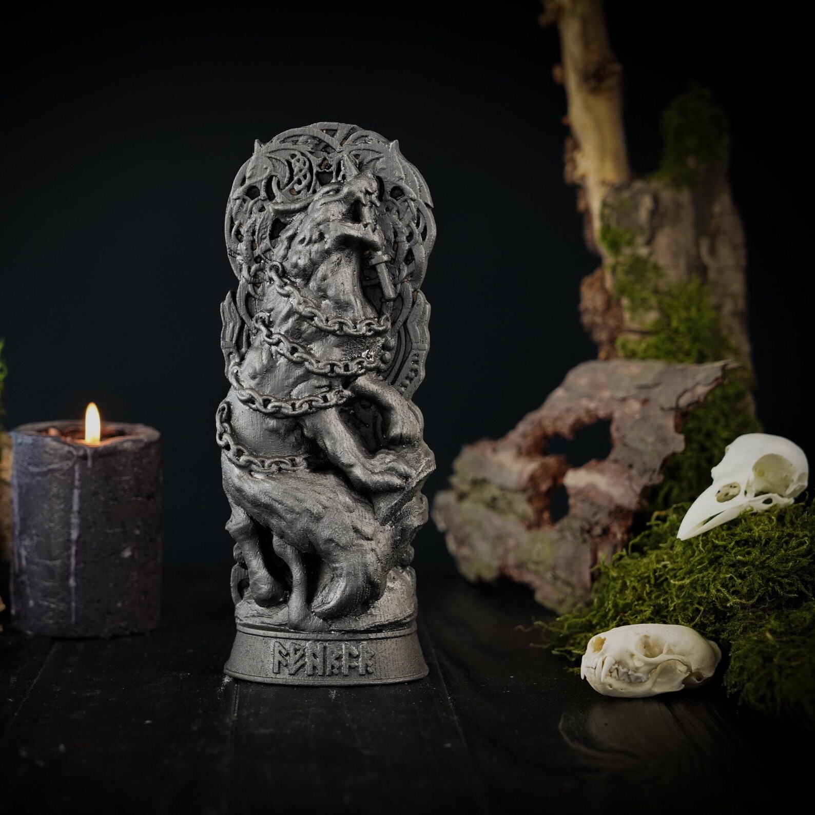 Black Norse Fenrir Statue, Viking Wolf Statue, Carved Pagan Statue ...