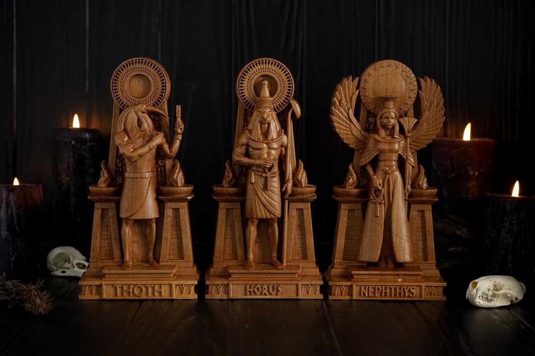 Egyptian Gods Set NEPHTHYS, HORUS, THOTH, Egyptian Sculpture, Wooden ...