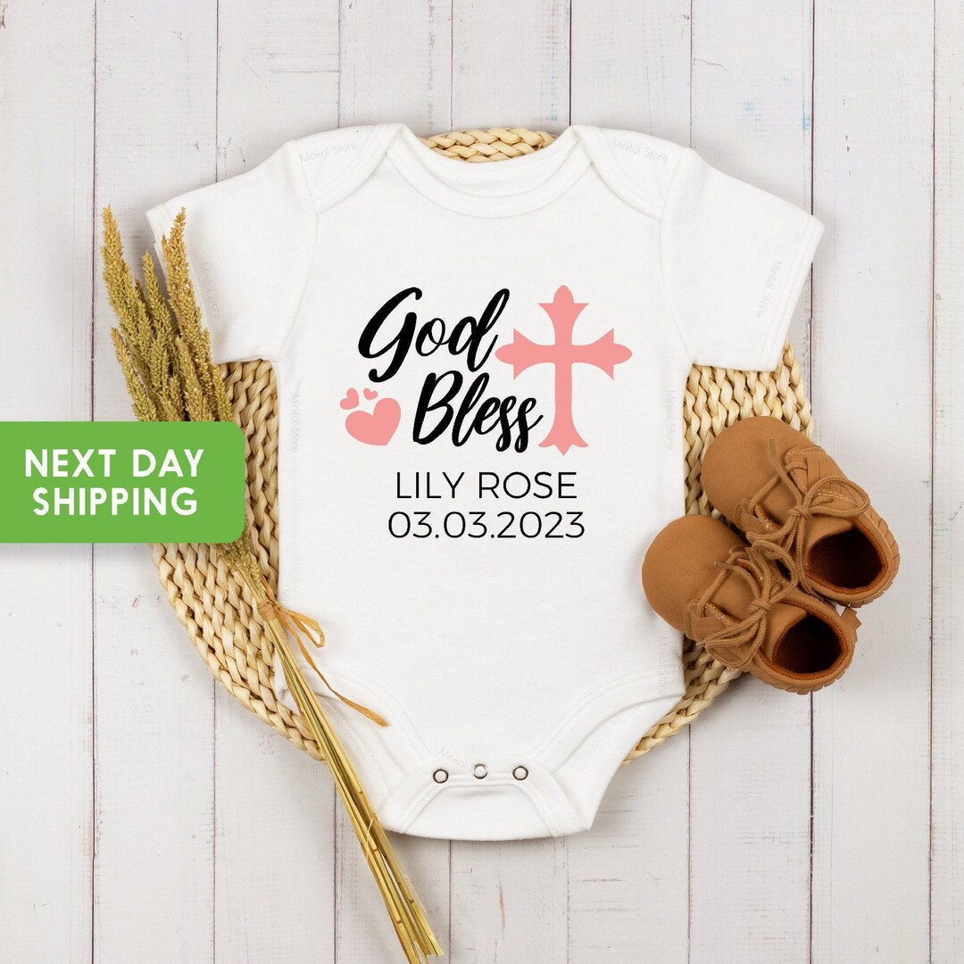 God Bless Baby Name Onesie®, Personalized Baptism Onesie®, Christening ...