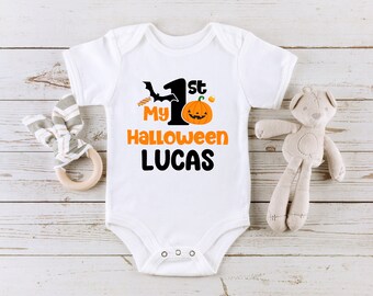 Personalized 1st Halloween Funny Baby Onesie®, First Halloween Pumpkin Baby Boy Bodysuit ...