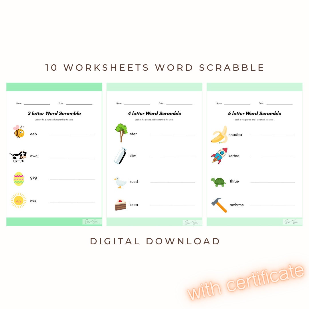 10 Word Scrabble Worksheets for Kids, Digital Download, 3, 4, 5, 6 and ...