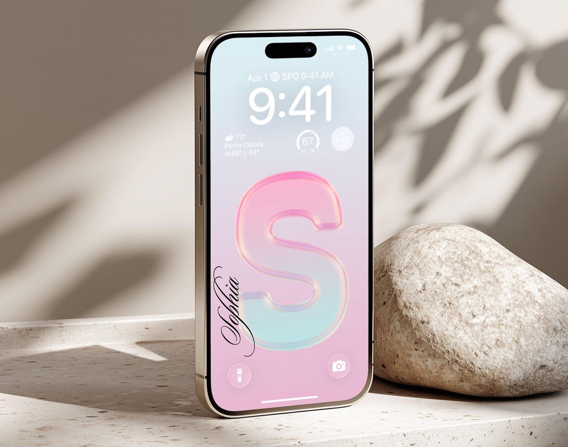 Neon Glossy Initial Lock Screen With Glass Effect Ios 26 Compatible - Etsy