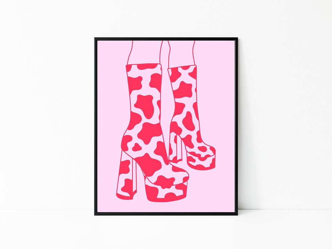 Retro Cow Print Boots Poster Pink Red Funky Disco Wall Decor Fashion ...