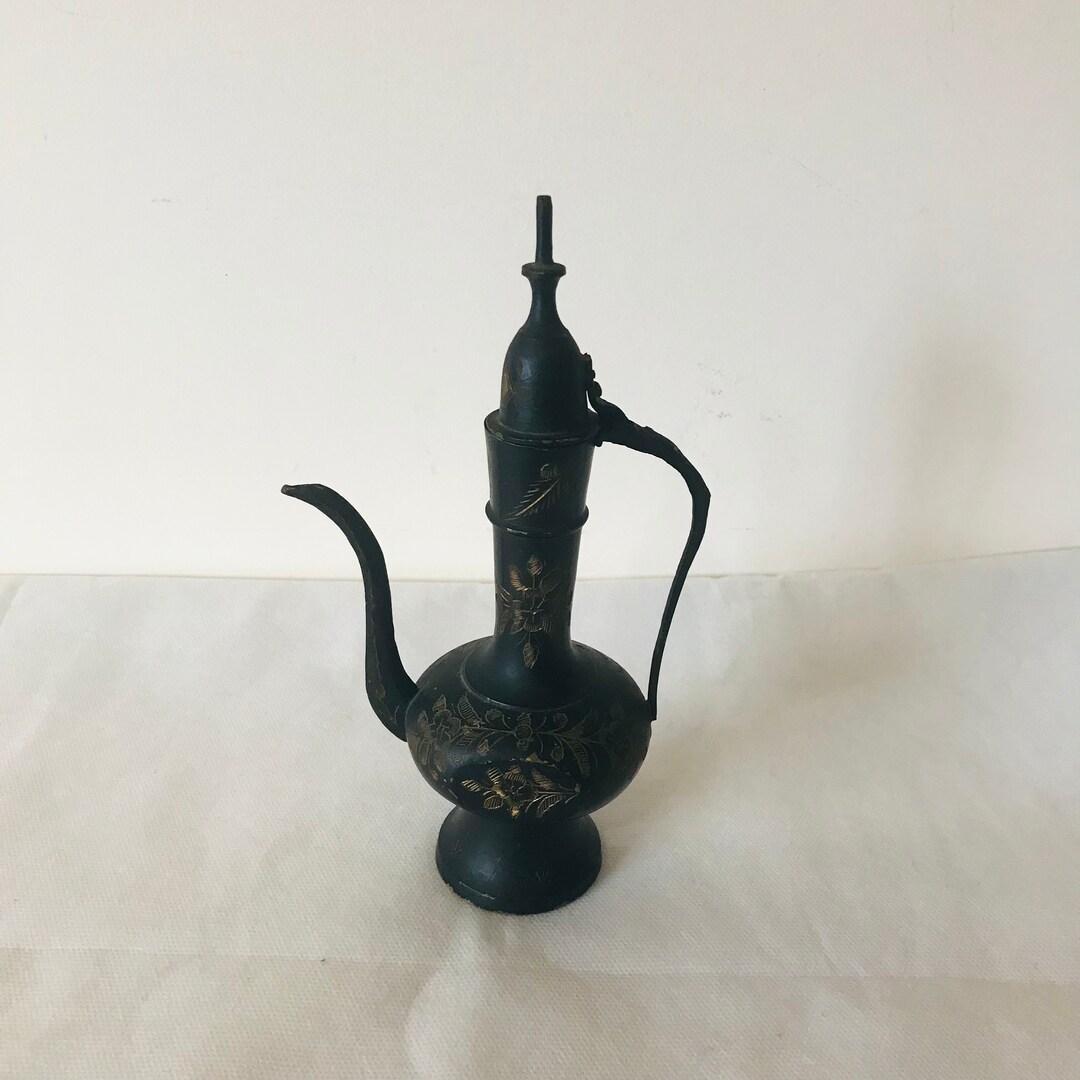 Vintage Black Etched Brass Indian Ewer or Pitcher With Decorative ...