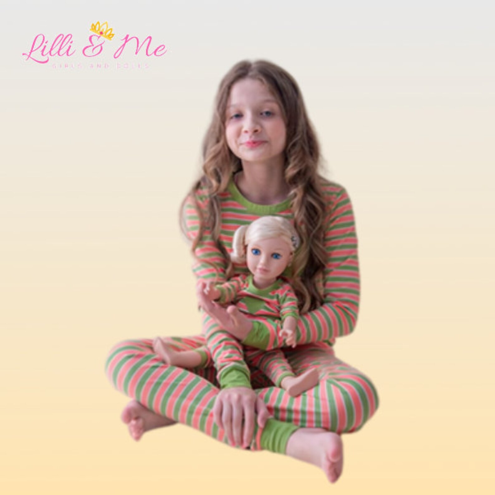 Girls Pajama Girls and Dolls 4 Piece Matching Green Heart Stripe Pyjama ...