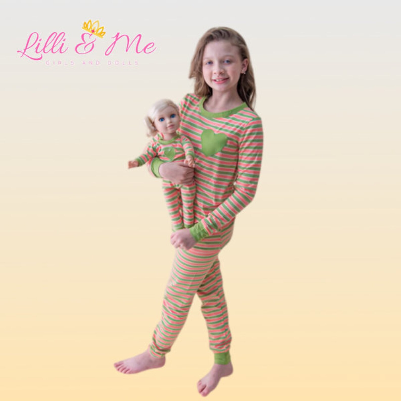Girls Pajama Girls and Dolls 4 Piece Matching Green Heart Stripe Pyjama ...