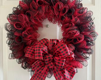 Welcome Red Buffalo Plaid Door Hanger, Welcome Red Buffalo Plaid Wreath ...