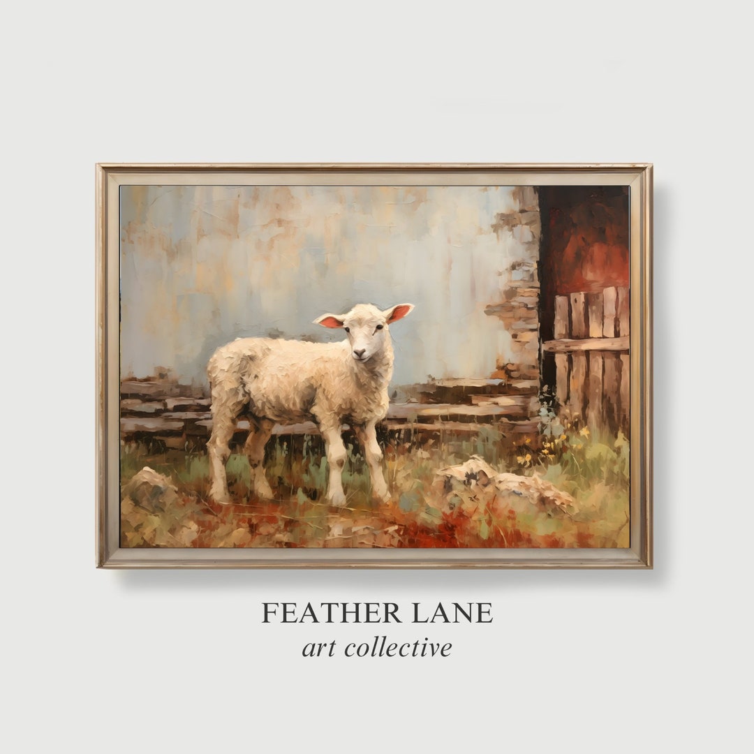Vintage Sheep Art Print Sheep Oil Painting Decor Sheep & Barn Feather ...