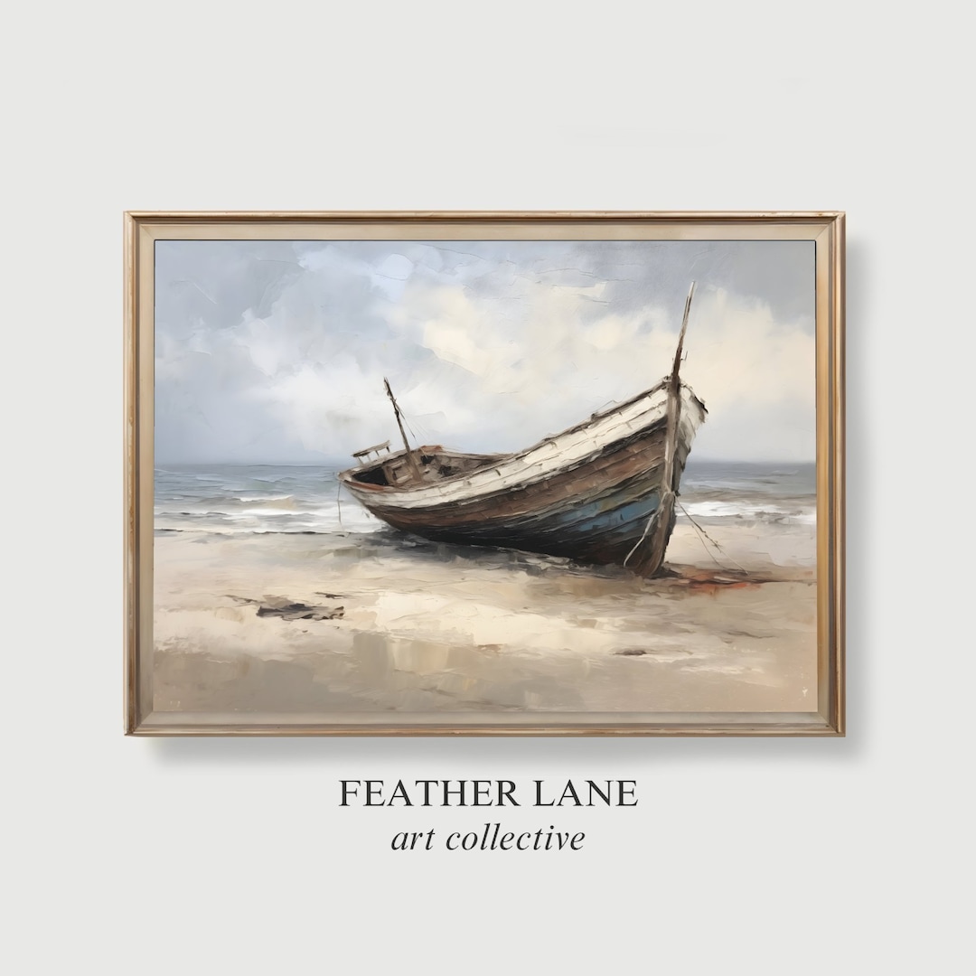 Boat Art Print Vintage Boat Oil Painting Decor Boat & Sea Feather Lane ...