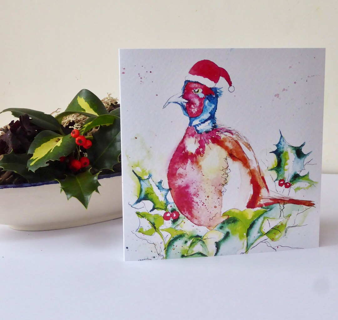Art Christmas Card, Festive Pheasant, Bird Greetings Card, Quirky ...