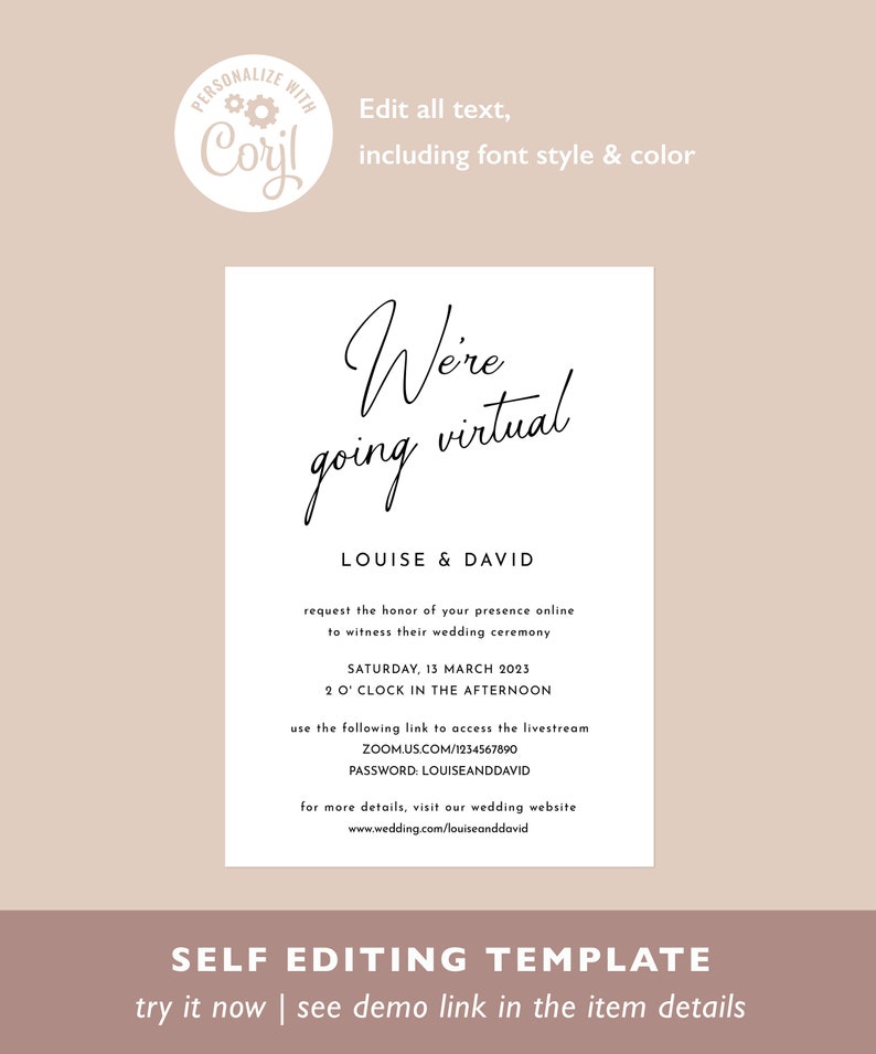 Virtual Wedding Invitation Printable Simple Zoom Wedding - Etsy
