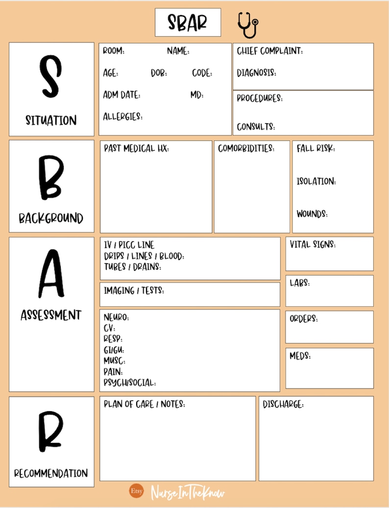Nurse SBAR Template: Nursing Report Sheet (digital Download) - Etsy
